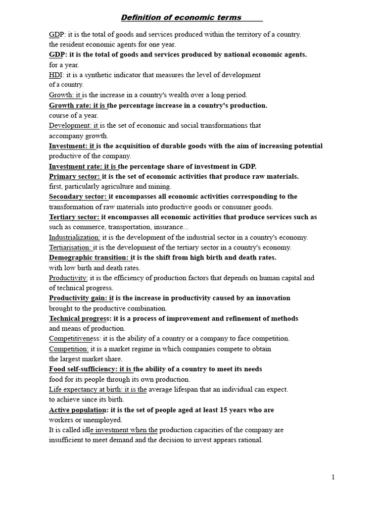 Definitions of Economic Terms Final | PDF | Economic Growth | Gross ...