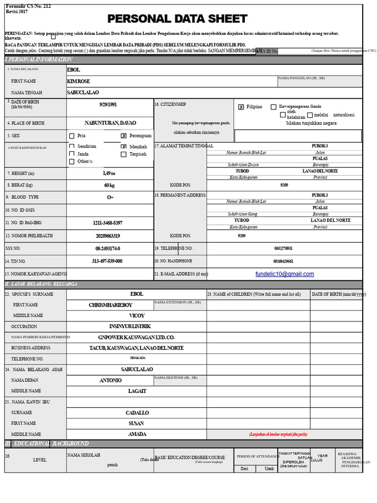 032117 Formulir CS No. 212 Lembar Data Pribadi Revisian | PDF