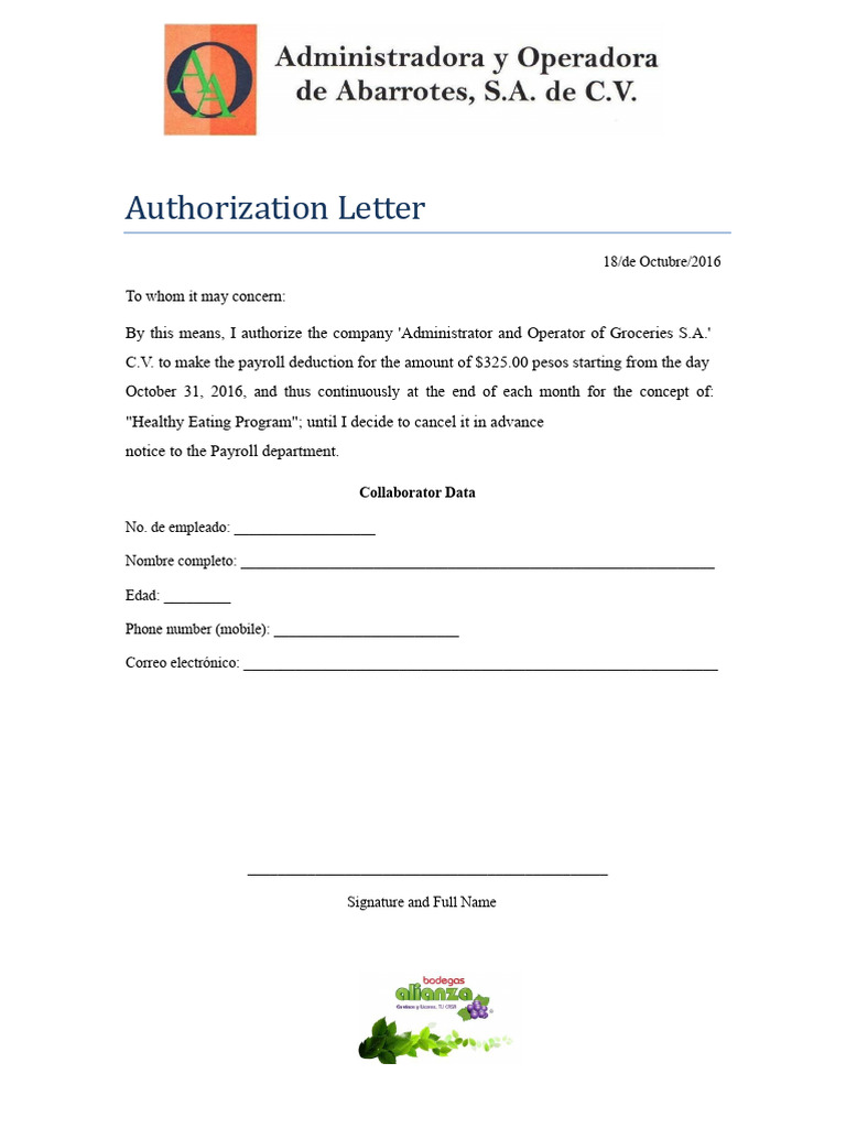 Authorization Letter For Healthy Eating Program | PDF