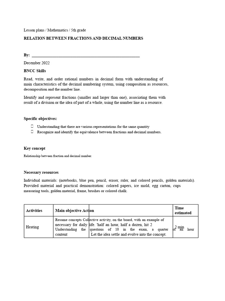 5th Grade Lesson Plans Decimal Numbers | PDF | Numbers | Decimal
