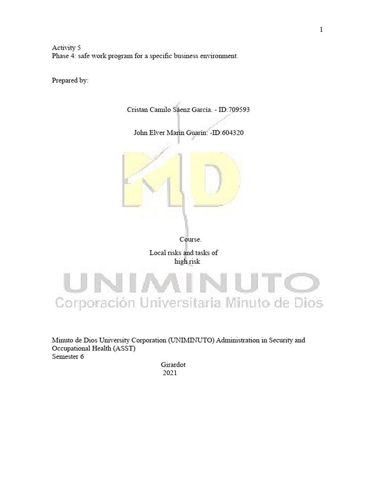 Activity 5 PHASE 4 Safe Work Program For An Environment | PDF ...