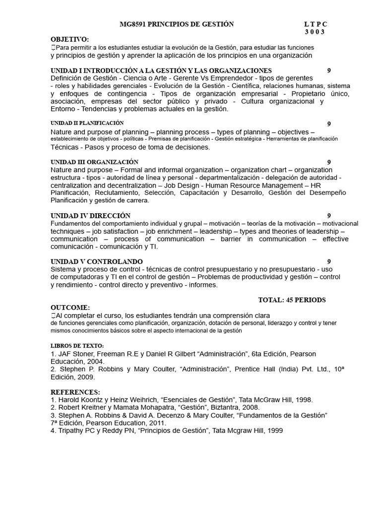 Mg8591 Principios de Gestión Sílabo | PDF | Negocios económicos | Business