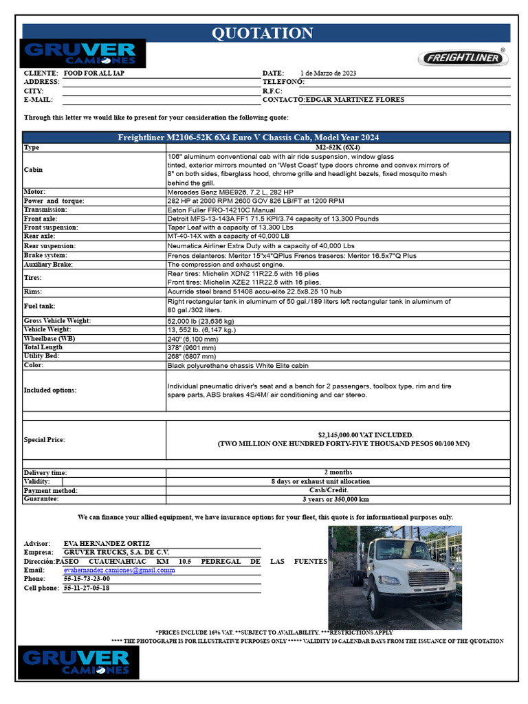 Freightliner M2106 Quote - 2024 Model | PDF | Truck | Cars Of The ...