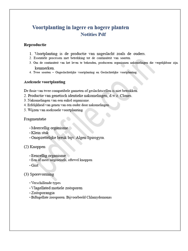 Reproductie in Lagere en Hogere Planten Notities | PDF