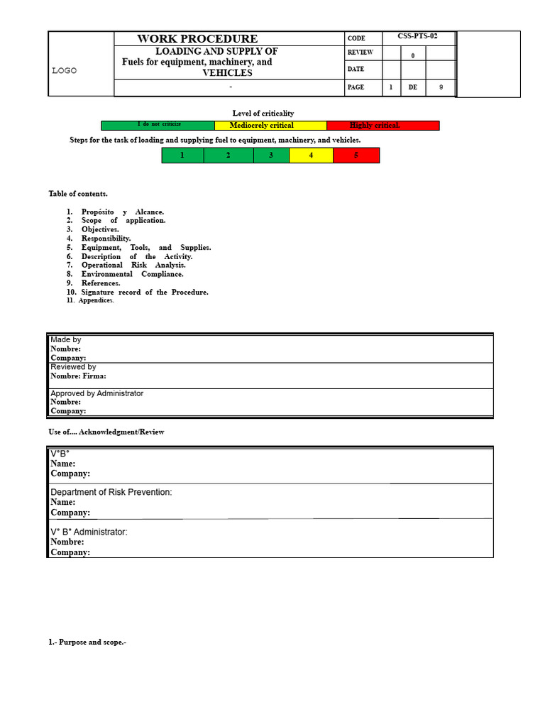 Procedure PTS Fuel Loading and Supply For Equipment Machinery and ...