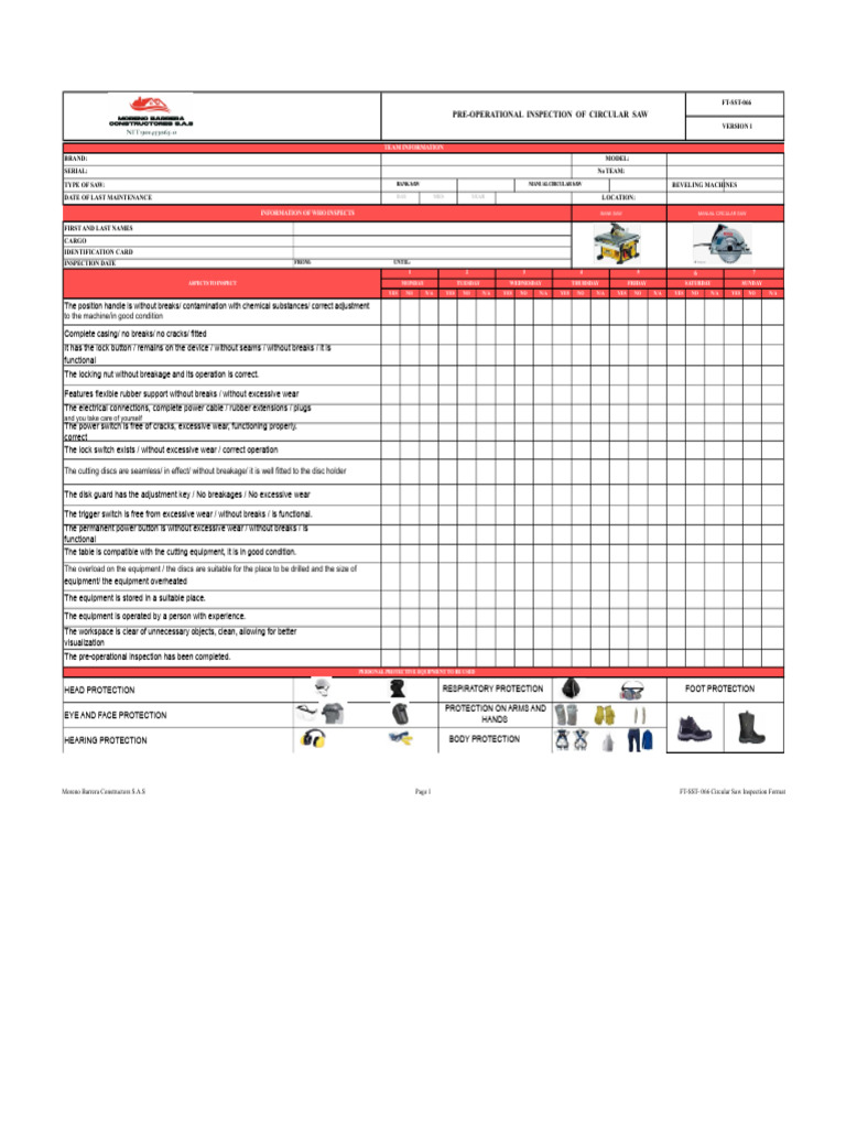 FT-SST-066 Circular Saw Inspection Format | PDF | Equipment