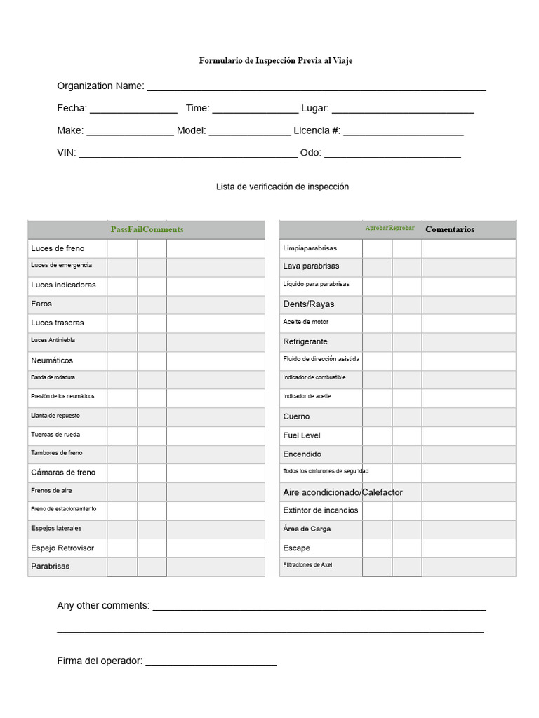 Lista de Verificación de Inspección Previa al Viaje | PDF