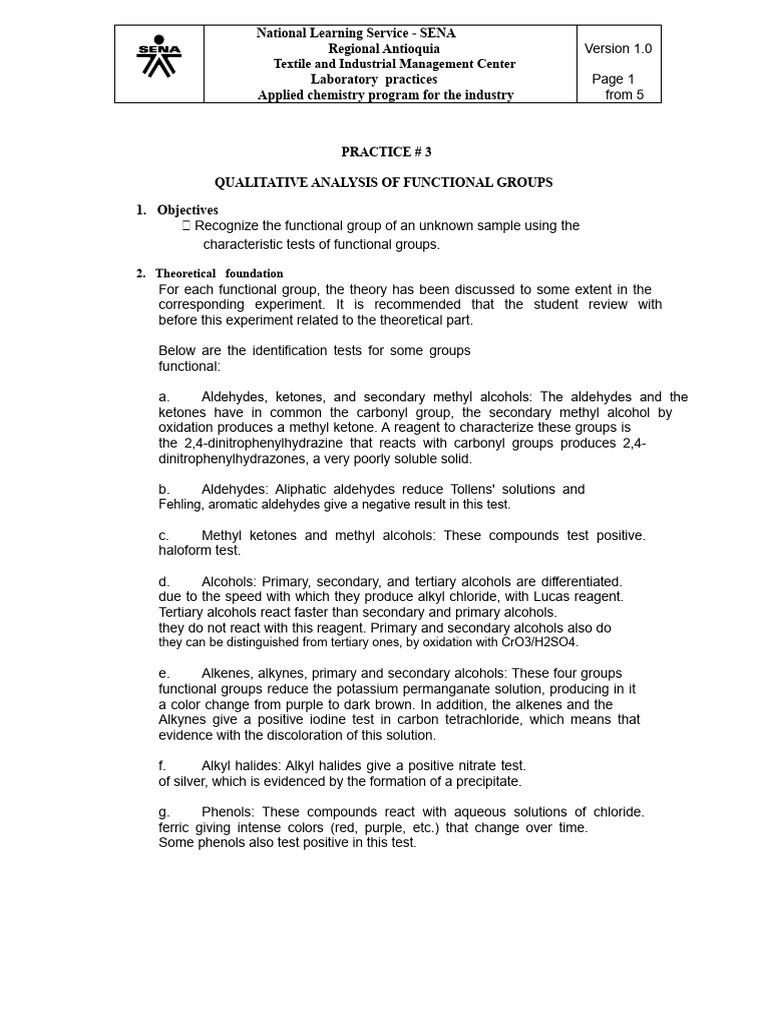 Practice # 3 Qualitative Analysis of Functional Groups | PDF | Aldehyde ...
