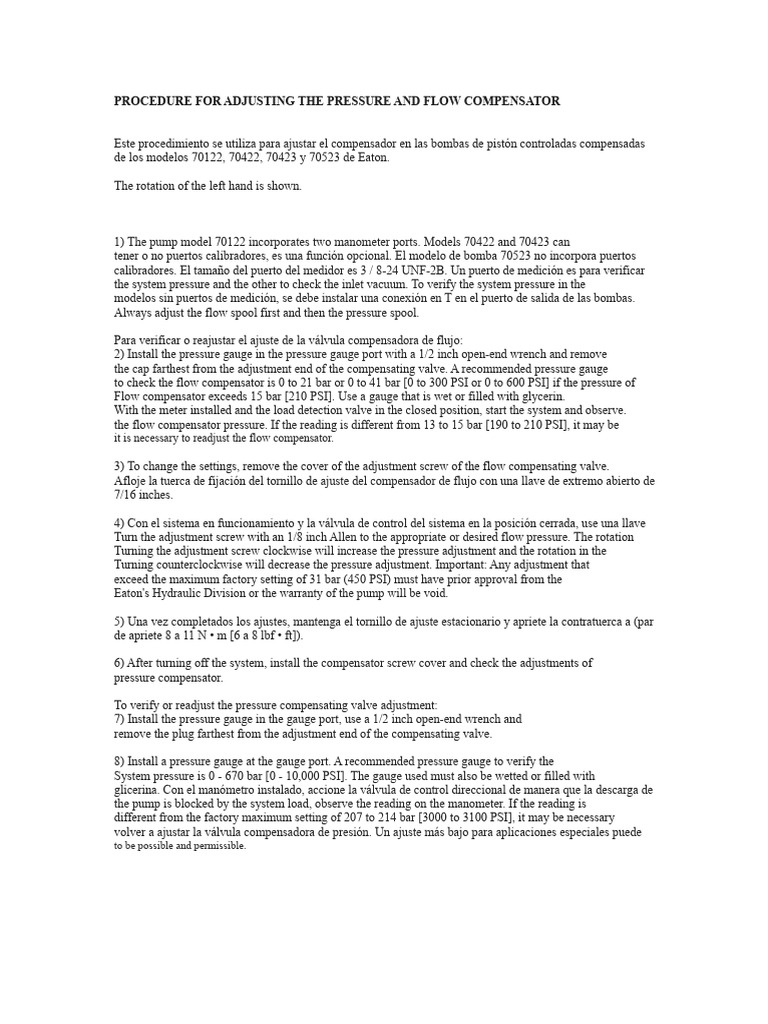 Pressure and Flow Compensator Adjustment Procedure | PDF | Pressure ...