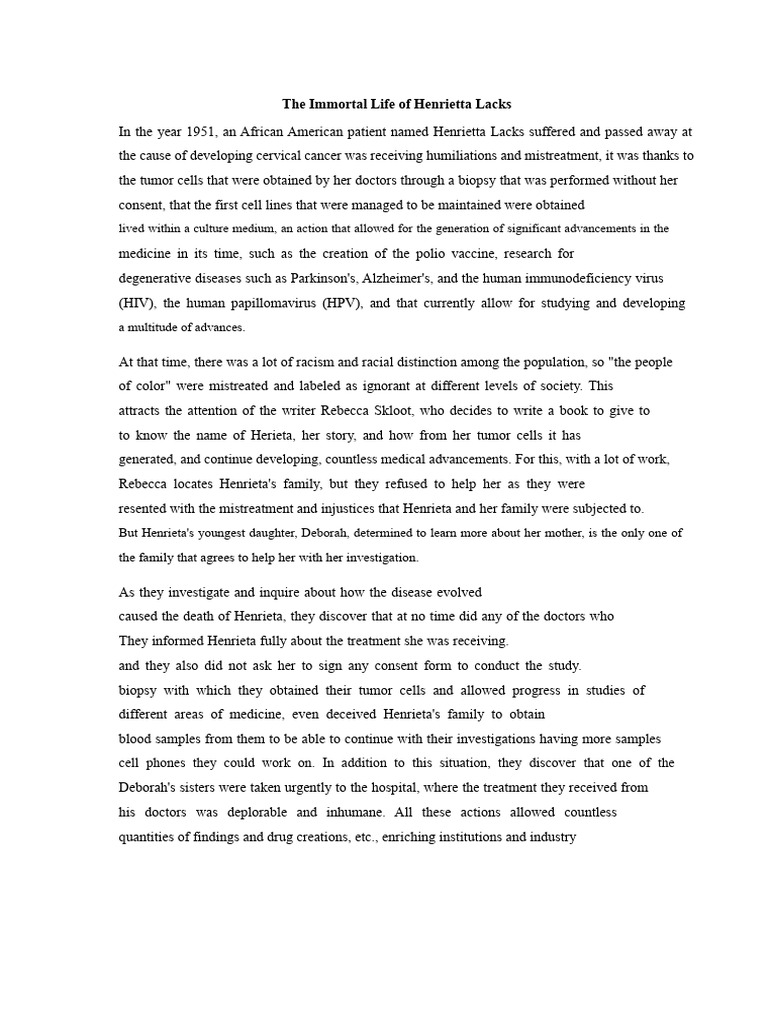 The Immortal Life of Henrietta Lacks | PDF | Informed Consent | Cancer