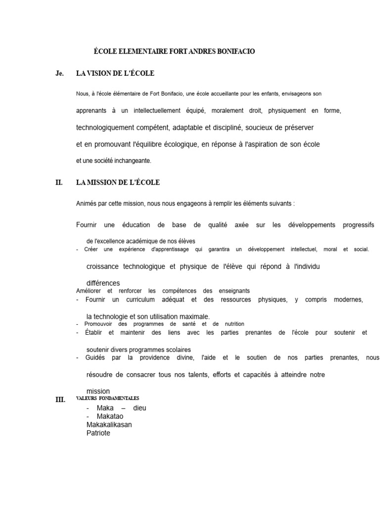 Vision et mission de l'école Fort Bonifacio | PDF