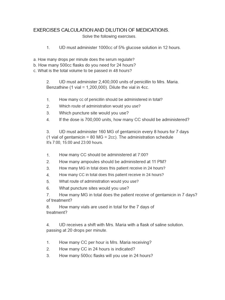 Medication Calculation Exercises | PDF | Intravenous Therapy | World ...