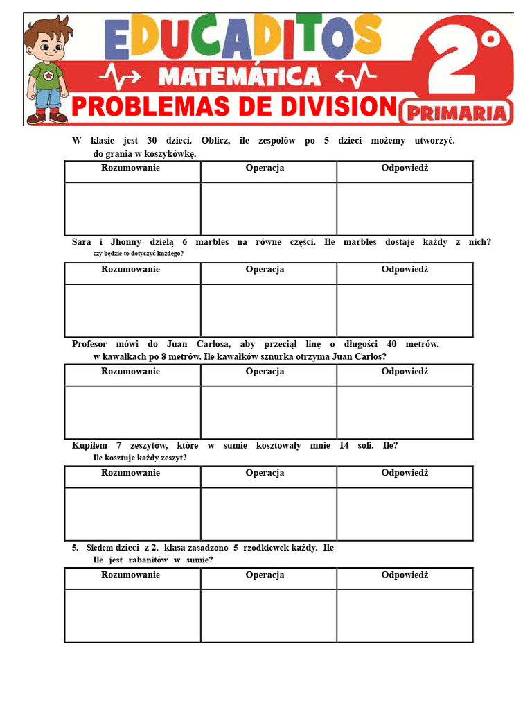Problemy z dzieleniem dla drugiej klasy szkoły podstawowej | PDF