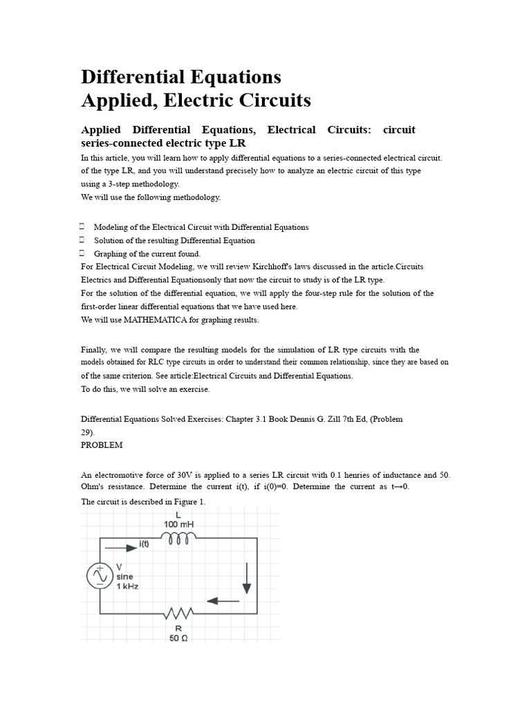 Applied Differential Equations Projects Pdf Electrical Network