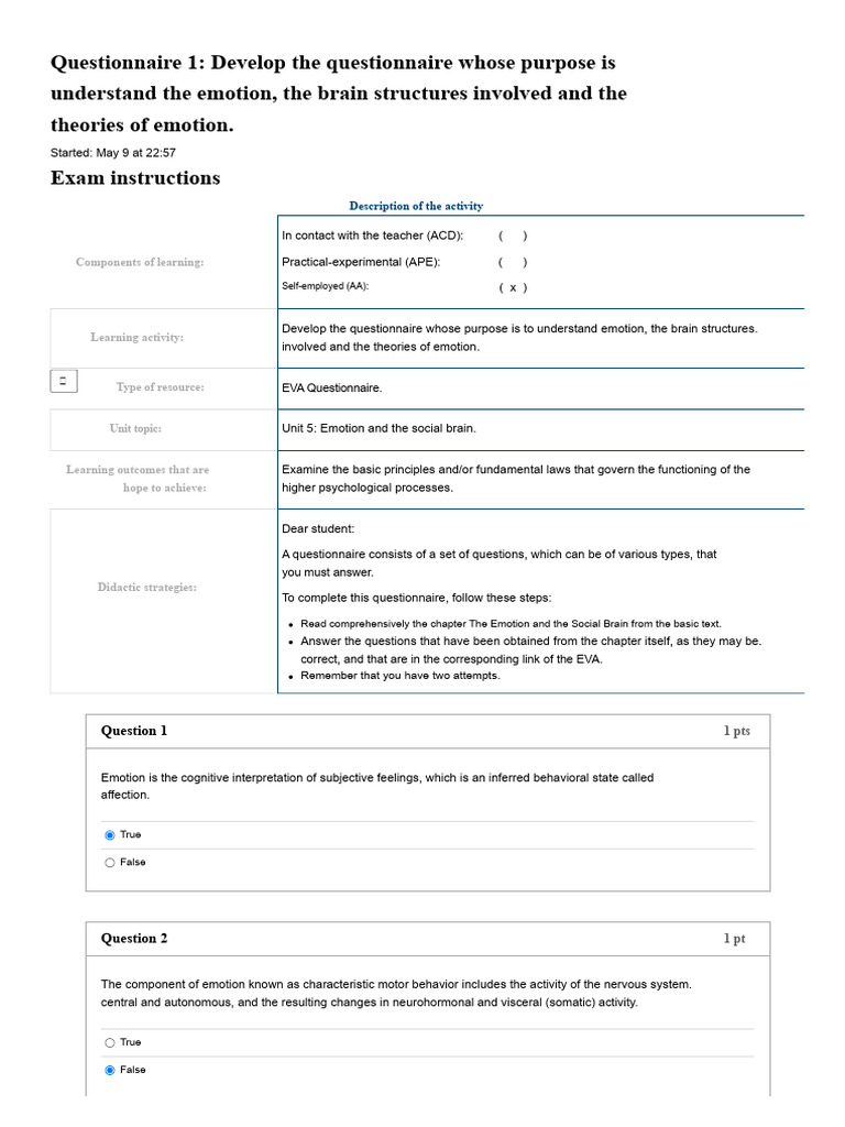 Emotion and Brain Structures Questionnaire | PDF | Emotions ...