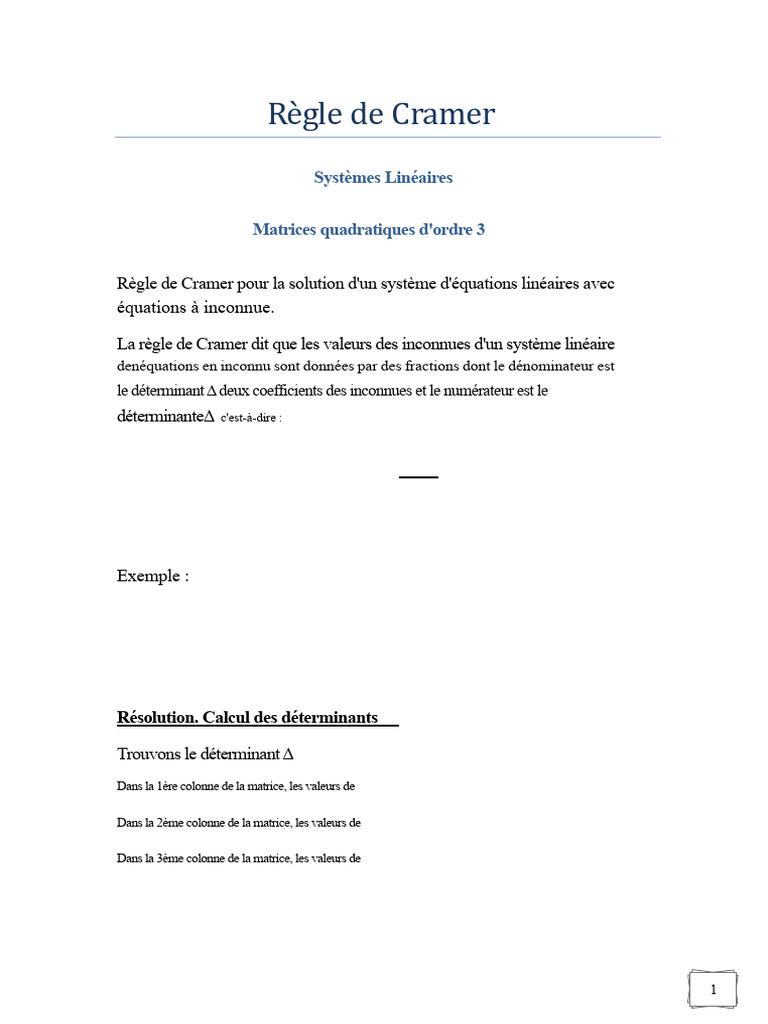Règle de Cramer et déterminants 3x3 | PDF | Déterminant | Matrice ...