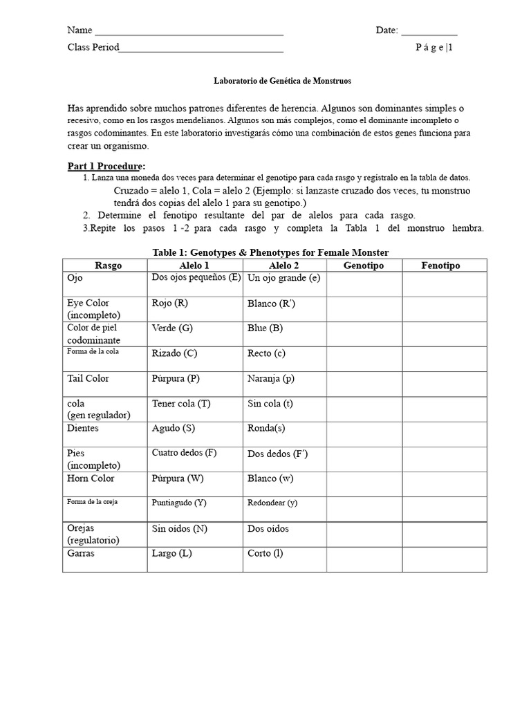 laboratorio de genética de monstruos 1 | PDF | Dominancia (Genética ...