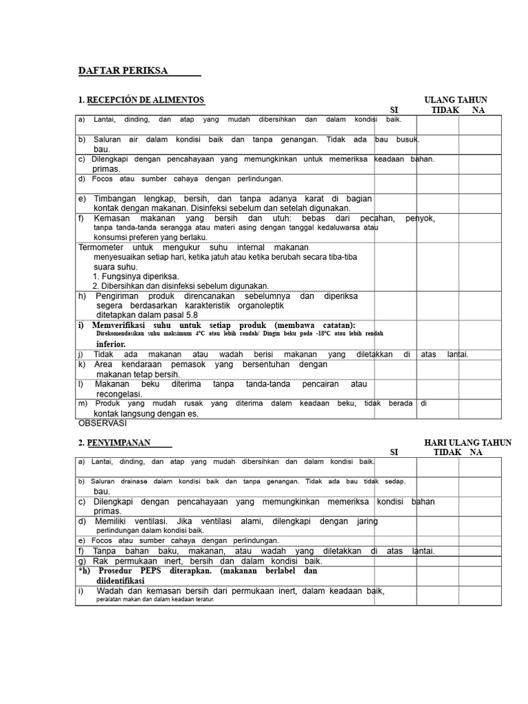 Daftar Periksa Kebersihan Makanan | PDF