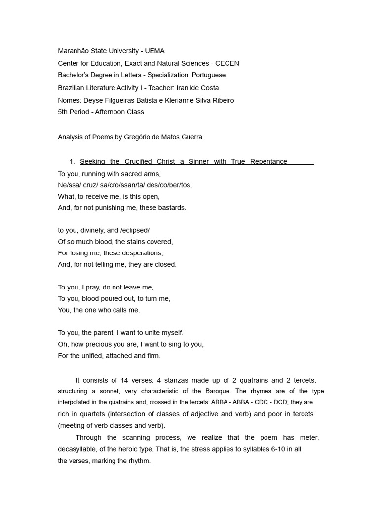 Literature Work BRA I. - Analysis of Poems by Gregório de M. Guerra ...