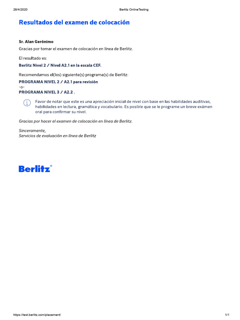 Berlitz Online Testing PDF | PDF