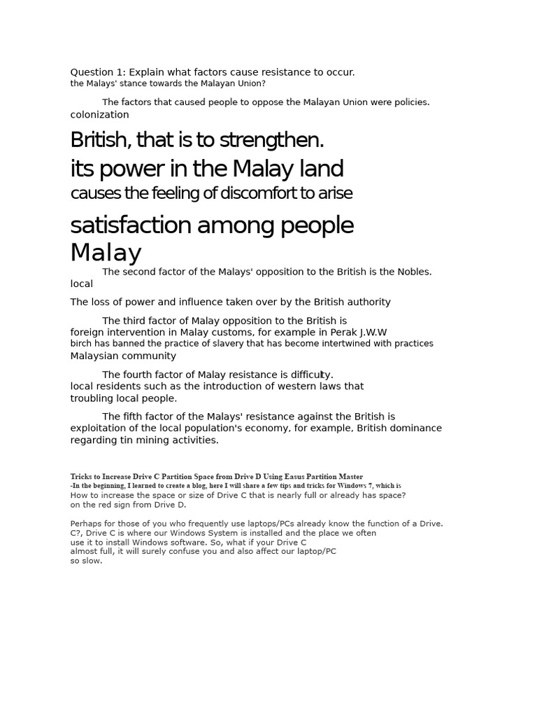 Factors of Malay Resistance Against The British: Essay Solution | PDF ...