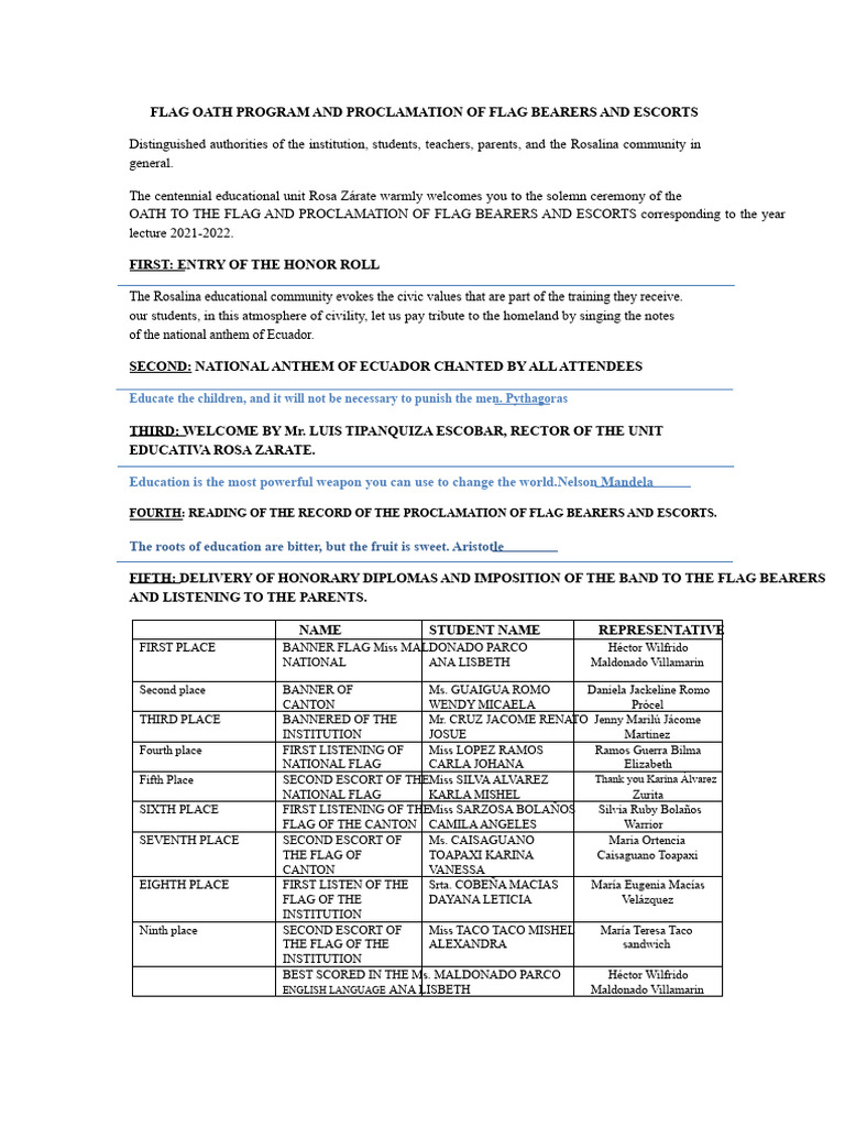 Program of Oath To The Flag and Proclamation of Flag Bearers and ...