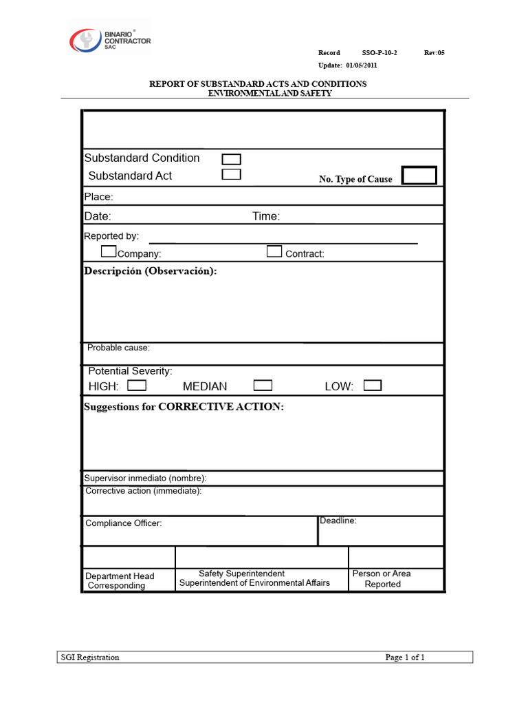 Substandard Acts and Conditions Report | PDF