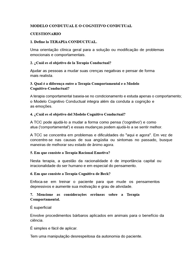 QUESTIONÁRIO MODELO COMPORTAMENTAL E COGNITIVO COMPORTAMENTAL | PDF ...