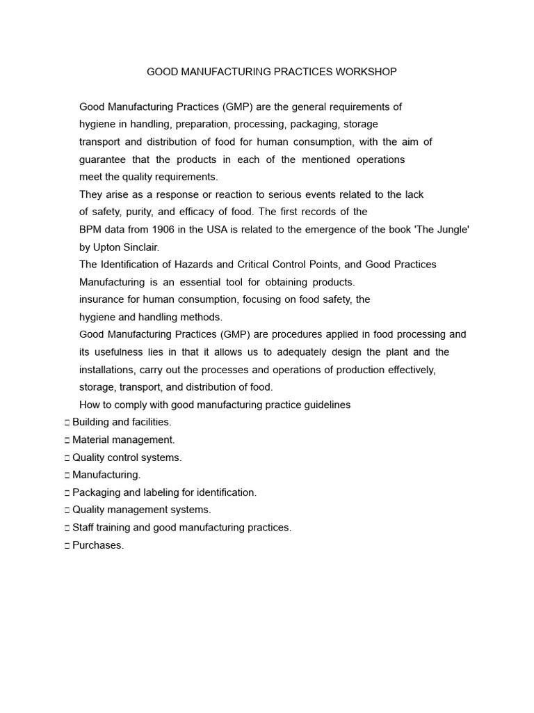 Good Manufacturing Practices Workshop Guide | PDF | Food Safety | Hygiene