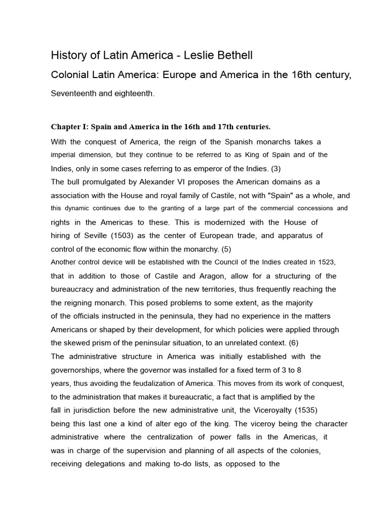 Summary of Chapters 1, 2, 3 of Leslie Bethell's History of Latin ...