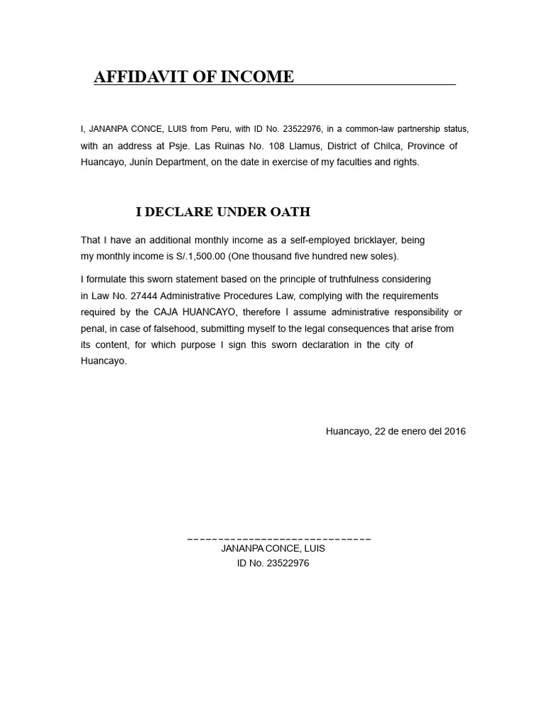 Affidavit of Income for Self-Employed | PDF