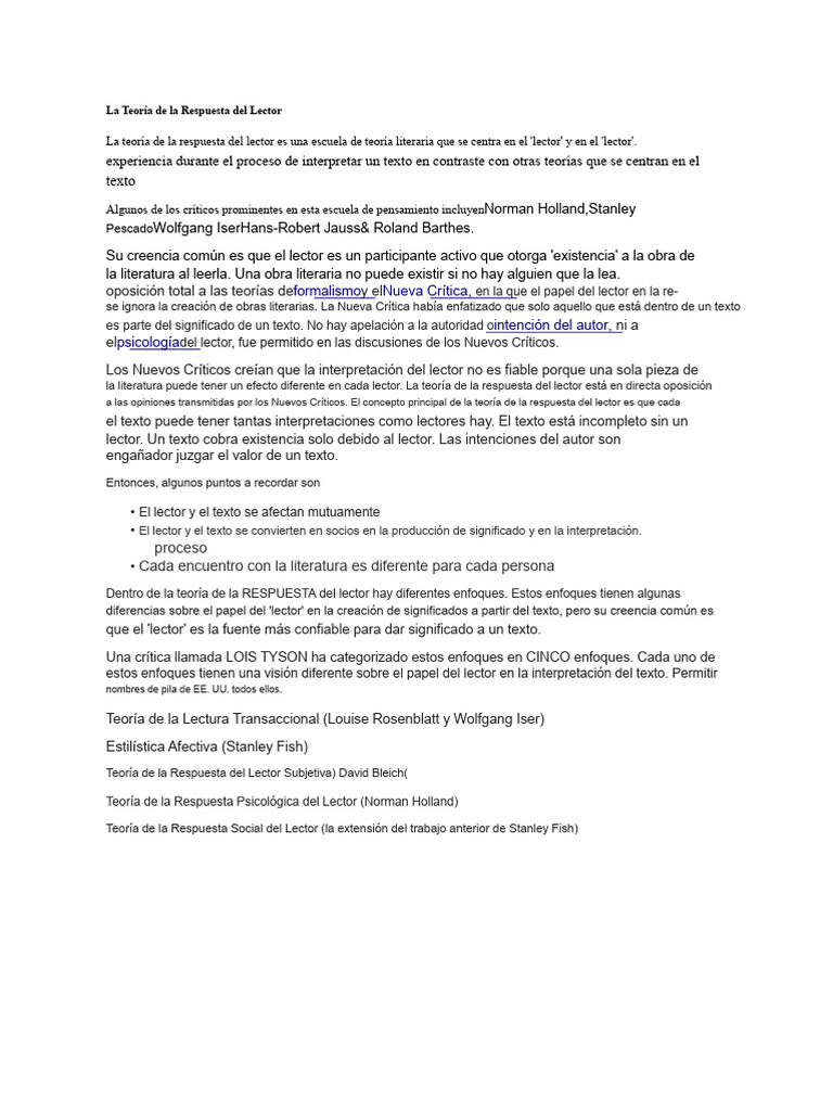Teoría de La Respuesta Del Lector | PDF | Educación en artes liberales