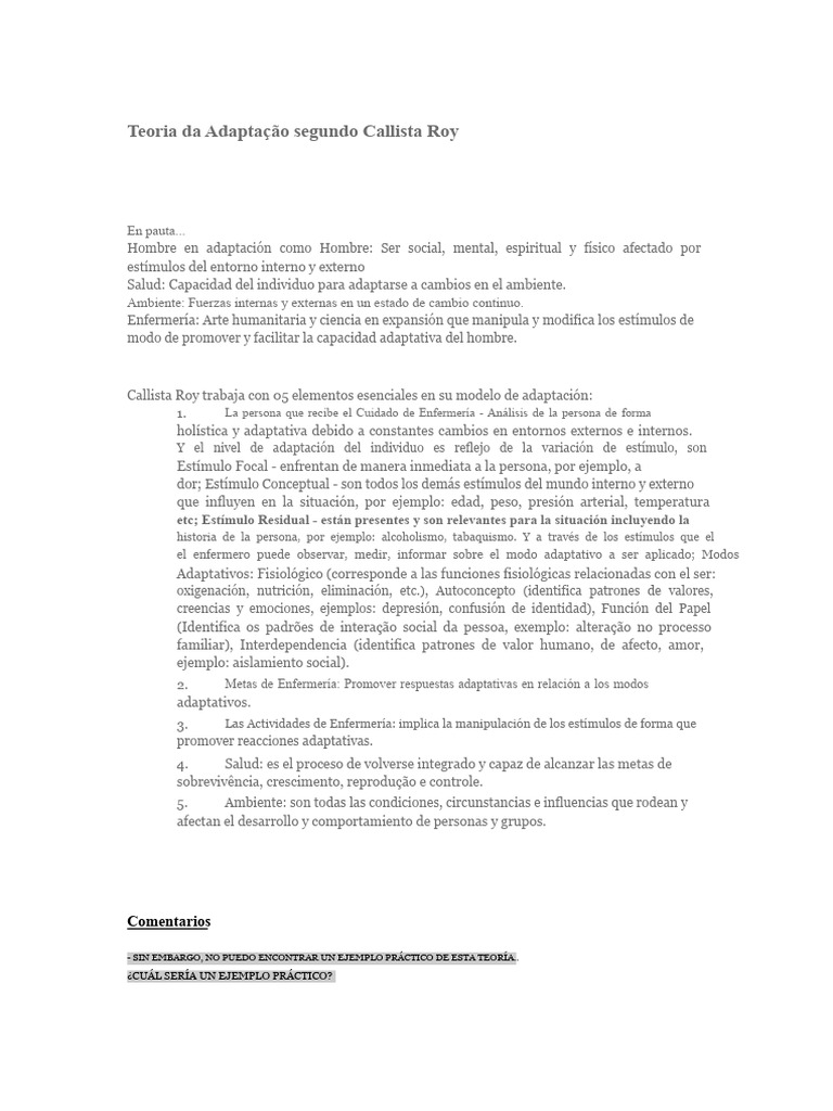 Teoría de Adaptación de Callista Roy | PDF | Adaptación | Enfermería