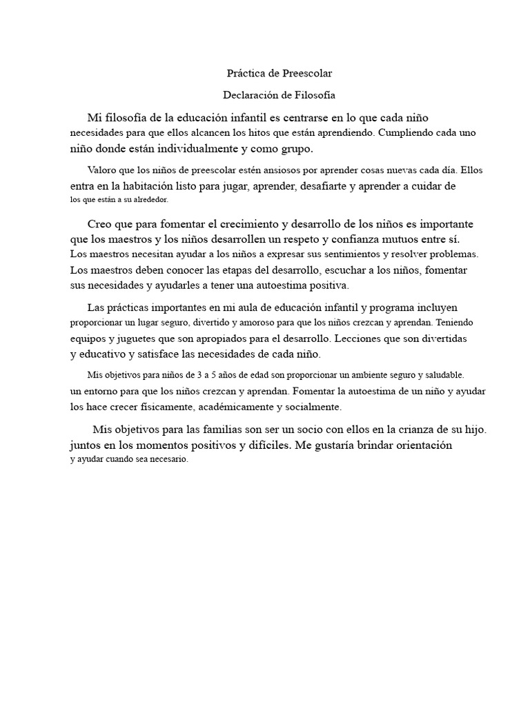 Declaración de Filosofía Sobre El Practicum en Educación Preescolar | PDF