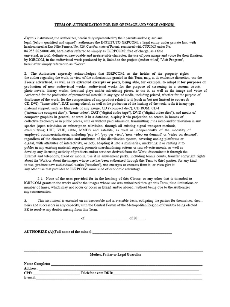 Term of Authorization For Use of Image and Voice - Minor - Without Date ...