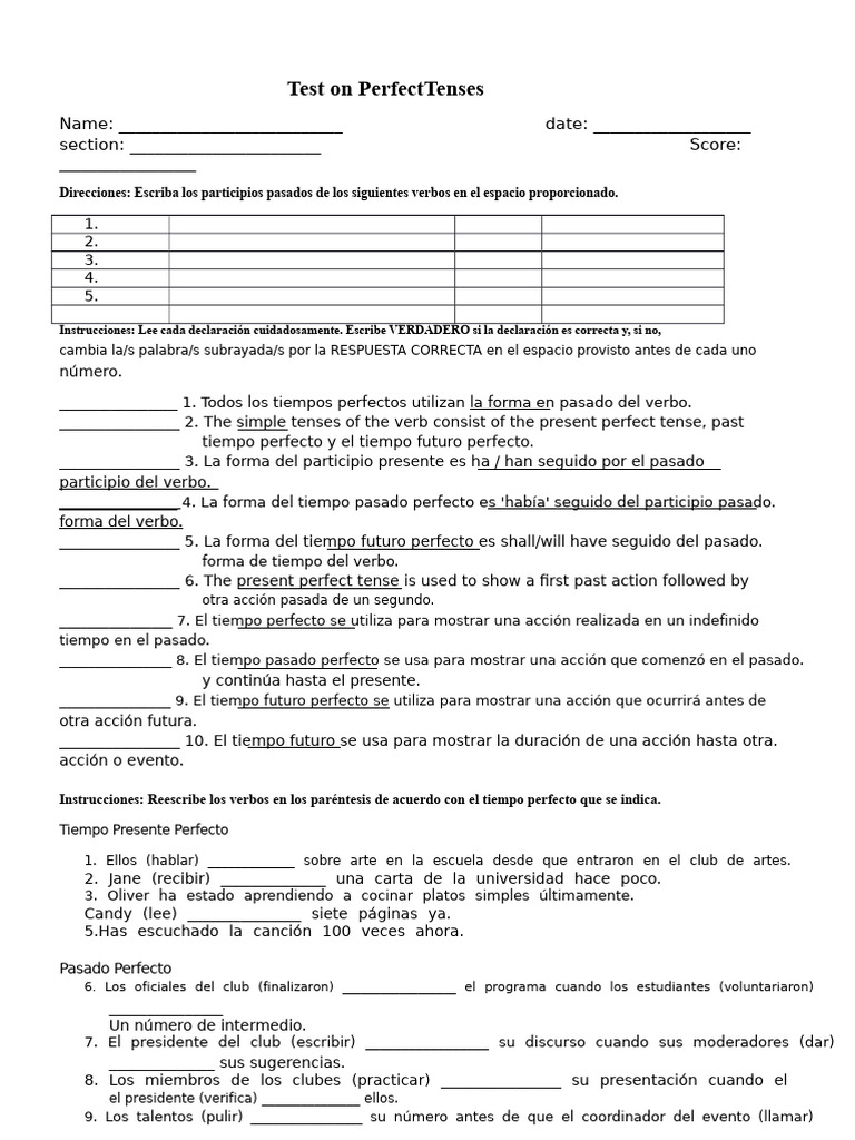 Prueba Sobre Los Tiempos Perfectos | PDF