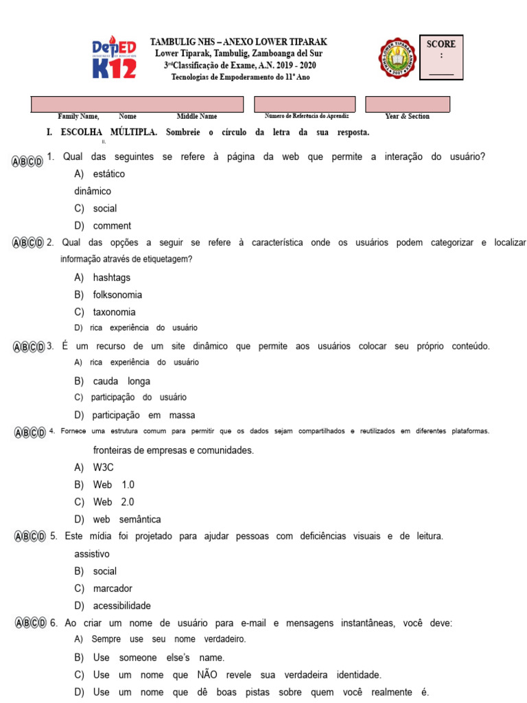 Grau 11 Exame de EmTech 3ª FINAL.docx | PDF | Rede mundial de computadores | Internet e Web