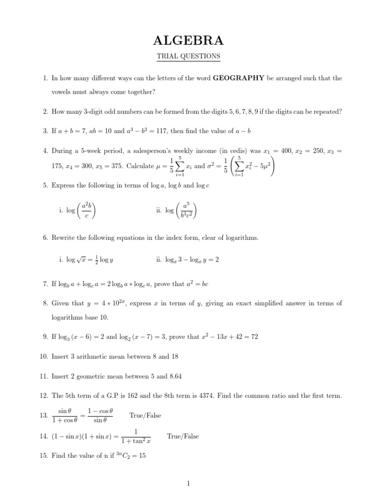 Algebra Trial Questions and Solutions | PDF | Arithmetic | Mathematical ...