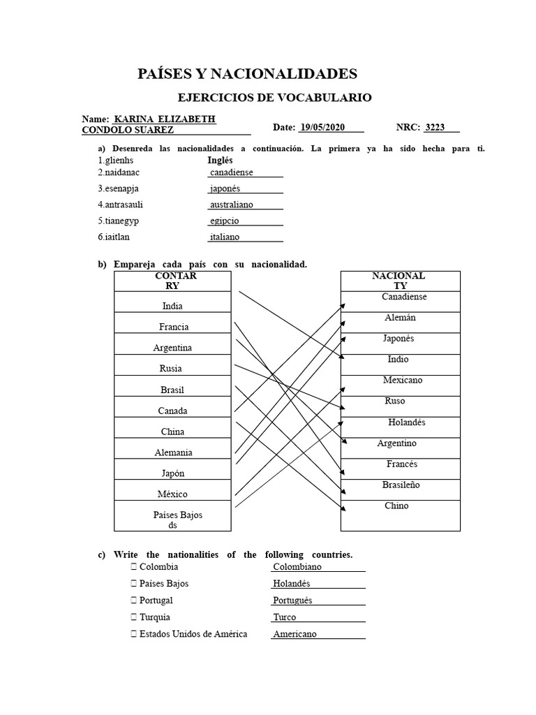 Vocabulario de PAÍSES Y NACIONALIDADES 1 | PDF