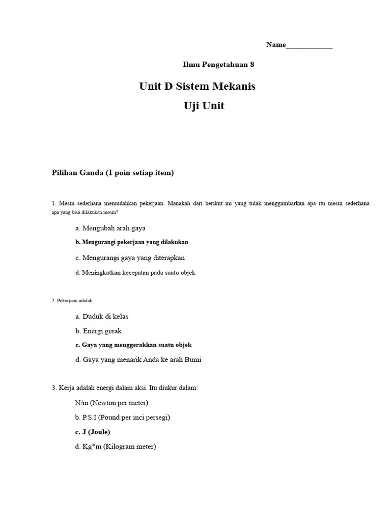 Ujian Unit Sistem Mekanik Ilmu Pengetahuan 8 | PDF