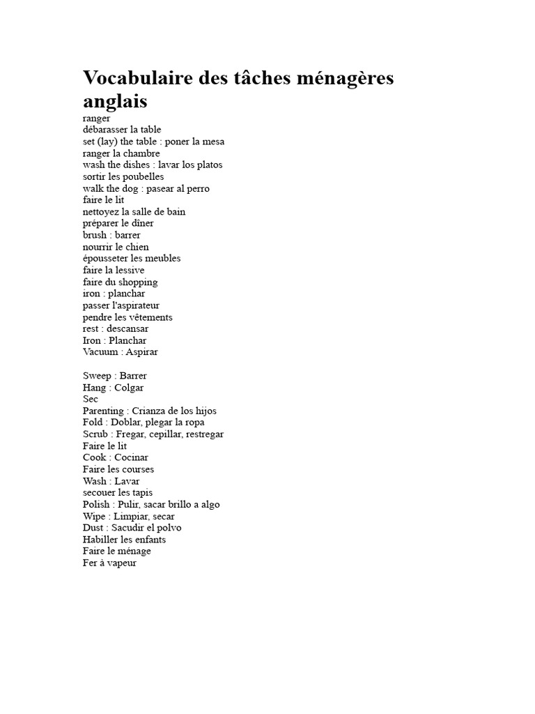 Vocabulaire des Tâches Ménagères en Anglais | PDF
