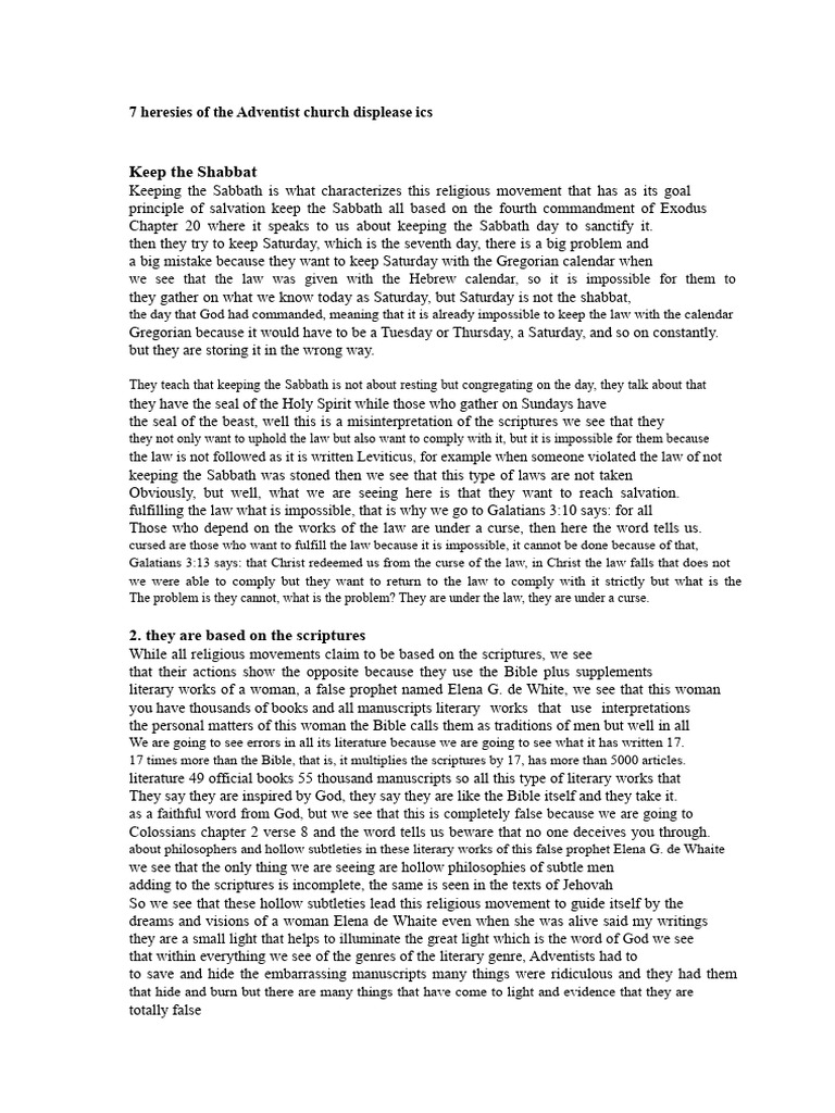 Adventist Church Heresies Explained | PDF | Jesus | Shabbat