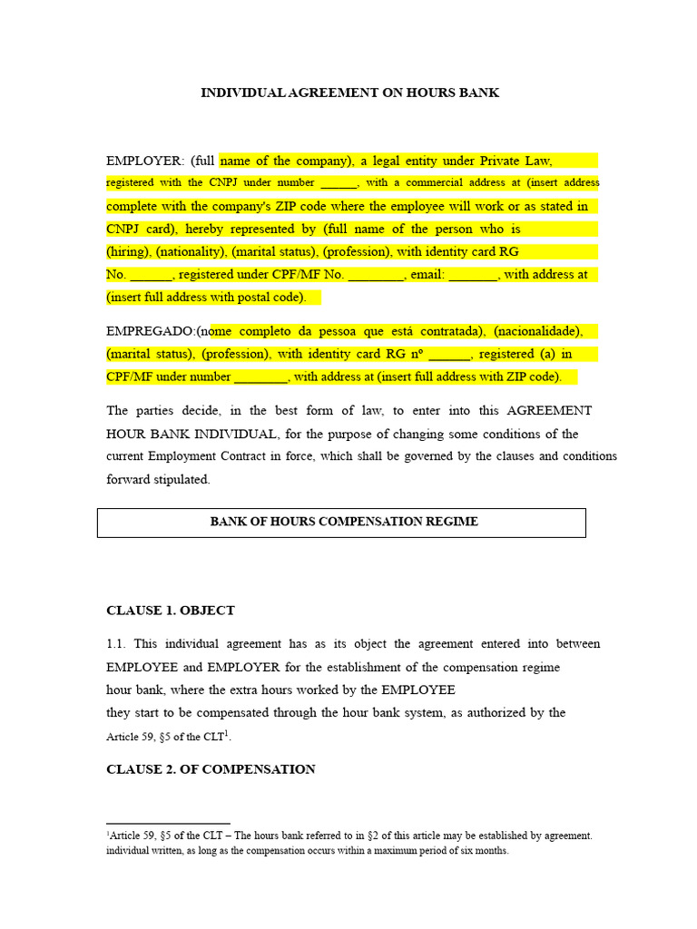 Individual Hour Bank Agreement Template | PDF | Employment | Overtime