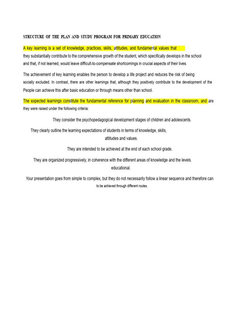 Structure of The Plan and Program of Studies For Primary | PDF | Learning