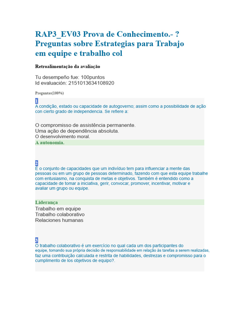 Respostas RAP3_EV03 Prova de Conhecimento.- perguntas sobre Estratégias para Trabalho em equipe ...