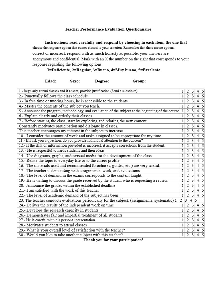 Teacher Evaluation Questionnaire Form | PDF | Teachers | Learning