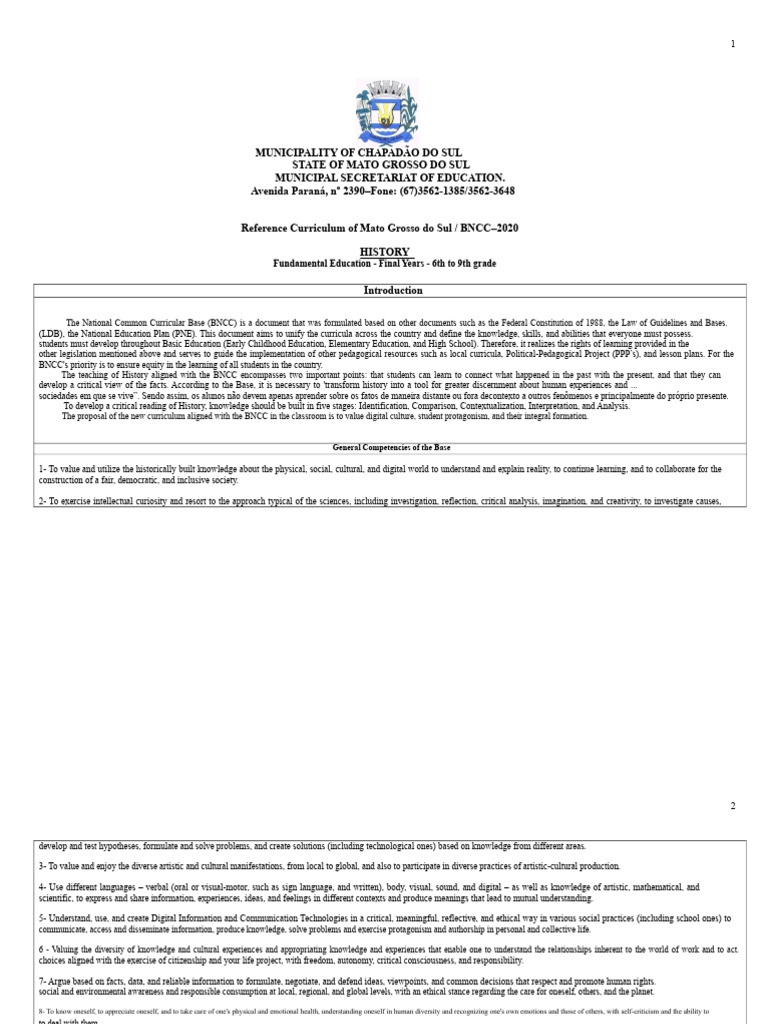 BNCC-Aligned History Curriculum Guide | PDF | Knowledge | Curriculum