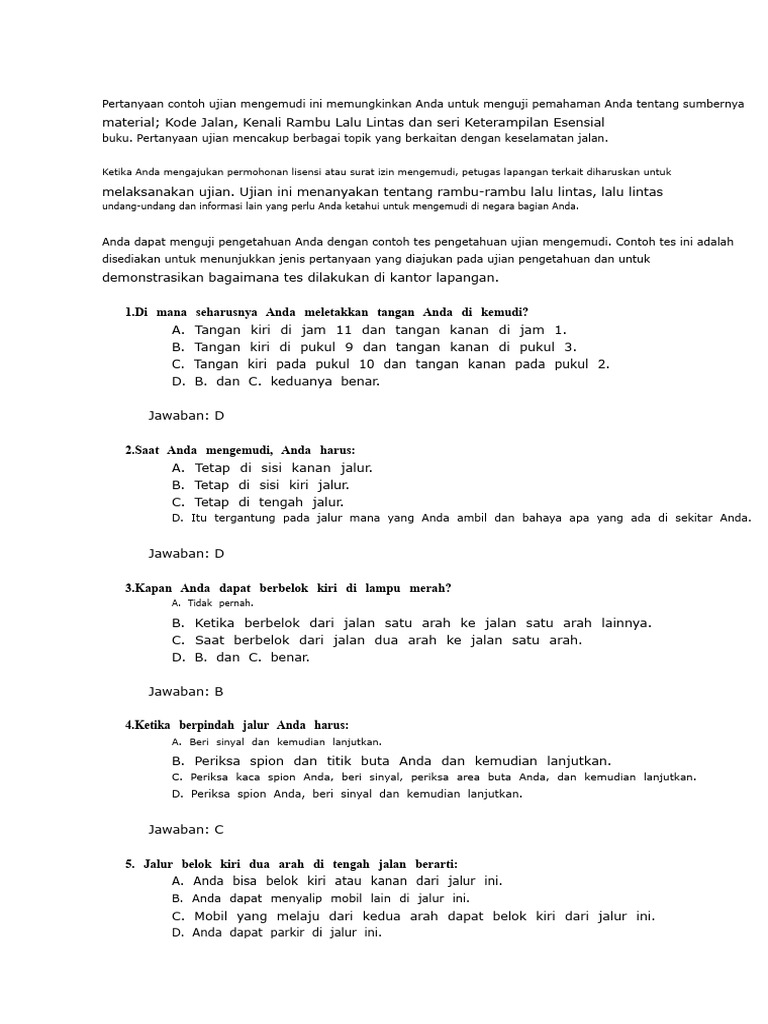 Contoh Pertanyaan Ujian Mengemudi | PDF