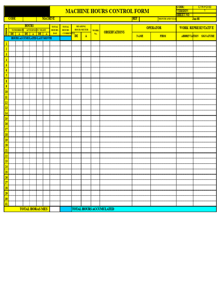 Machine Hours Control Form Template | PDF
