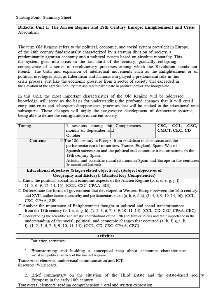 Teaching Unit 1. Eighteenth Century | PDF | Learning | Age Of Enlightenment